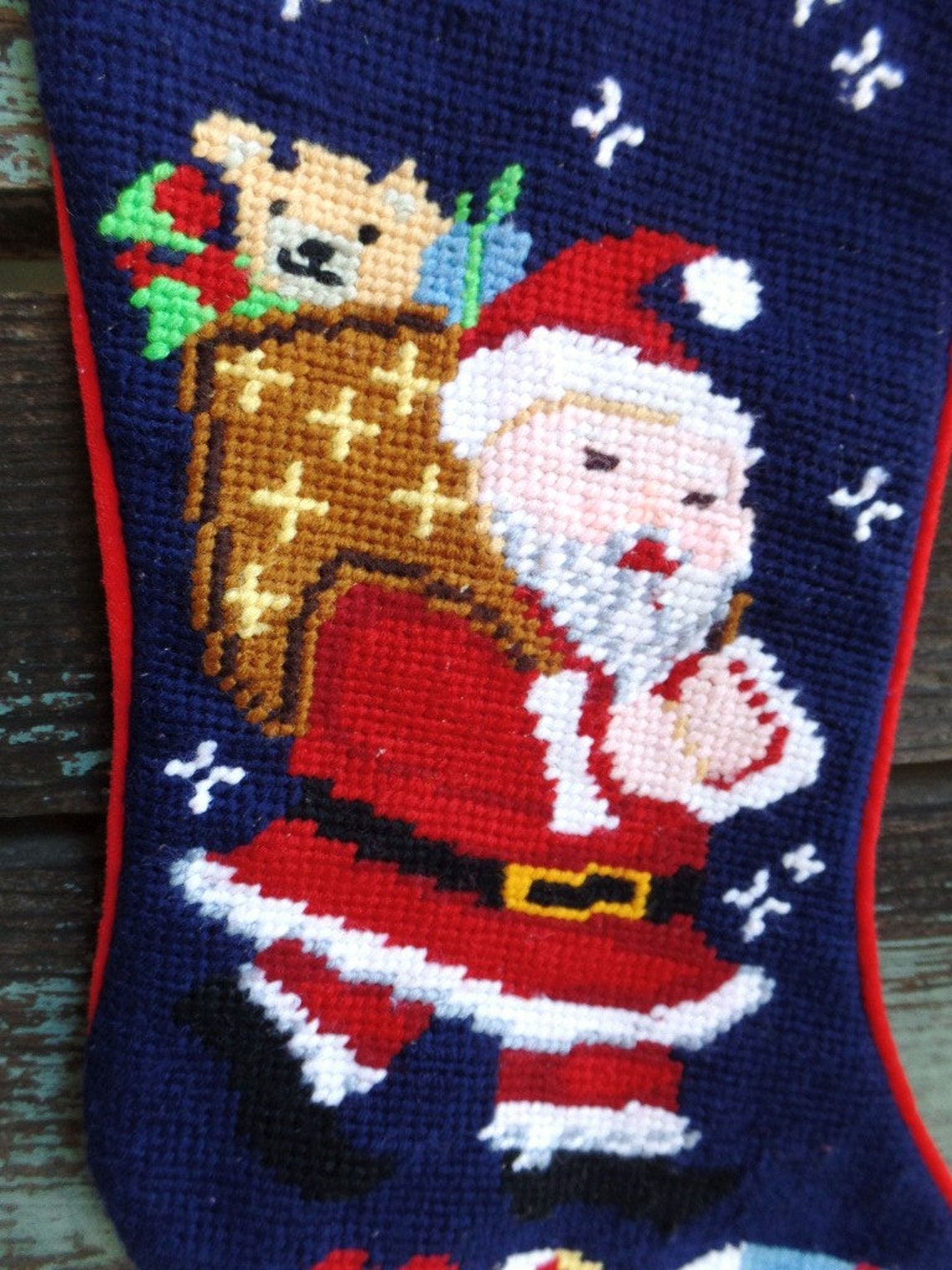Vintage Needlepoint Christmas Stocking Santa Claus With Toy | Etsy