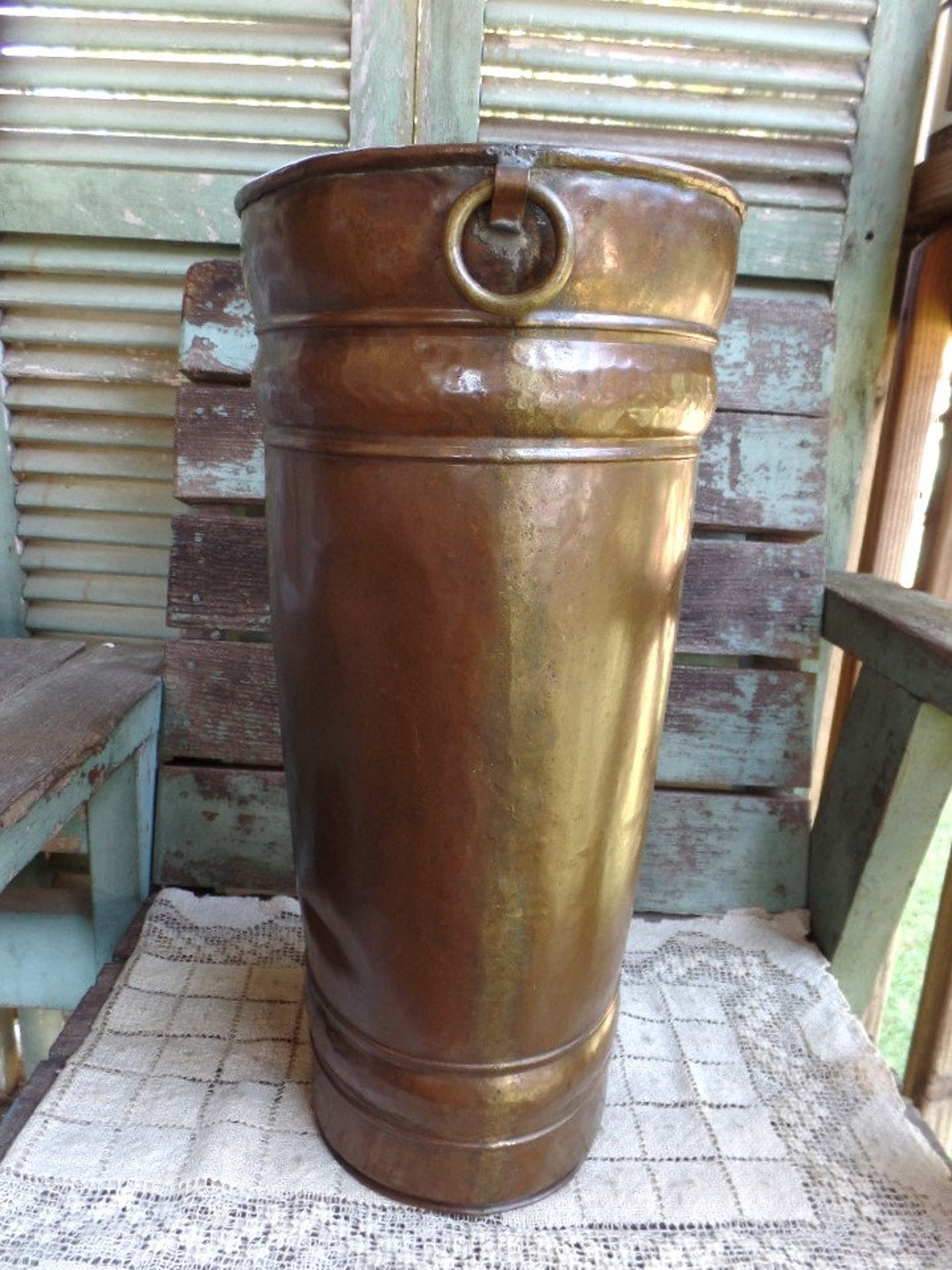 Vintage Hammered Copper Umbrella Stand With Double Brass Ring - Etsy