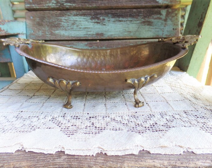 Vintage Footed Hammered Brass Double Handled Bowl Ornate Handles - Etsy