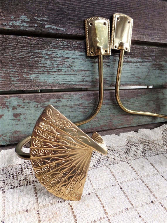 Vintage Large Pair Brass Curtain Tie Backs Fan Design Drapery Holders Japanese Fan Floral Design Etsy