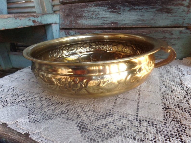 Vintage Brass Double Handled Pot With Floral Design Brass - Etsy