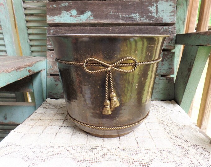 Vintage Hammered Brass Flower Pot With Braided Rope and Tassel Design ...
