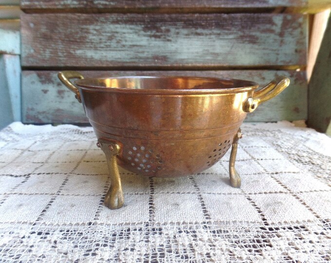 Vintage Footed Copper Colander Kitchen Decor Cook Ware Pasta Strainer ...