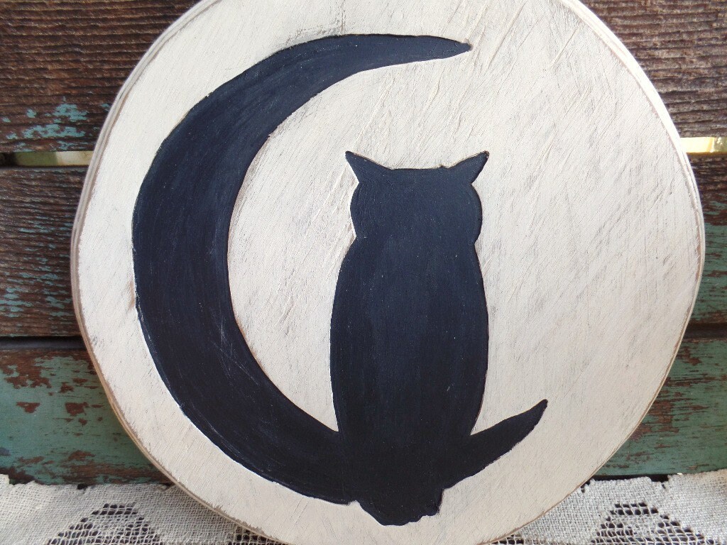 Handmade Folk Art Wood Sign Owl on Moon Halloween Decor Shabby | Etsy