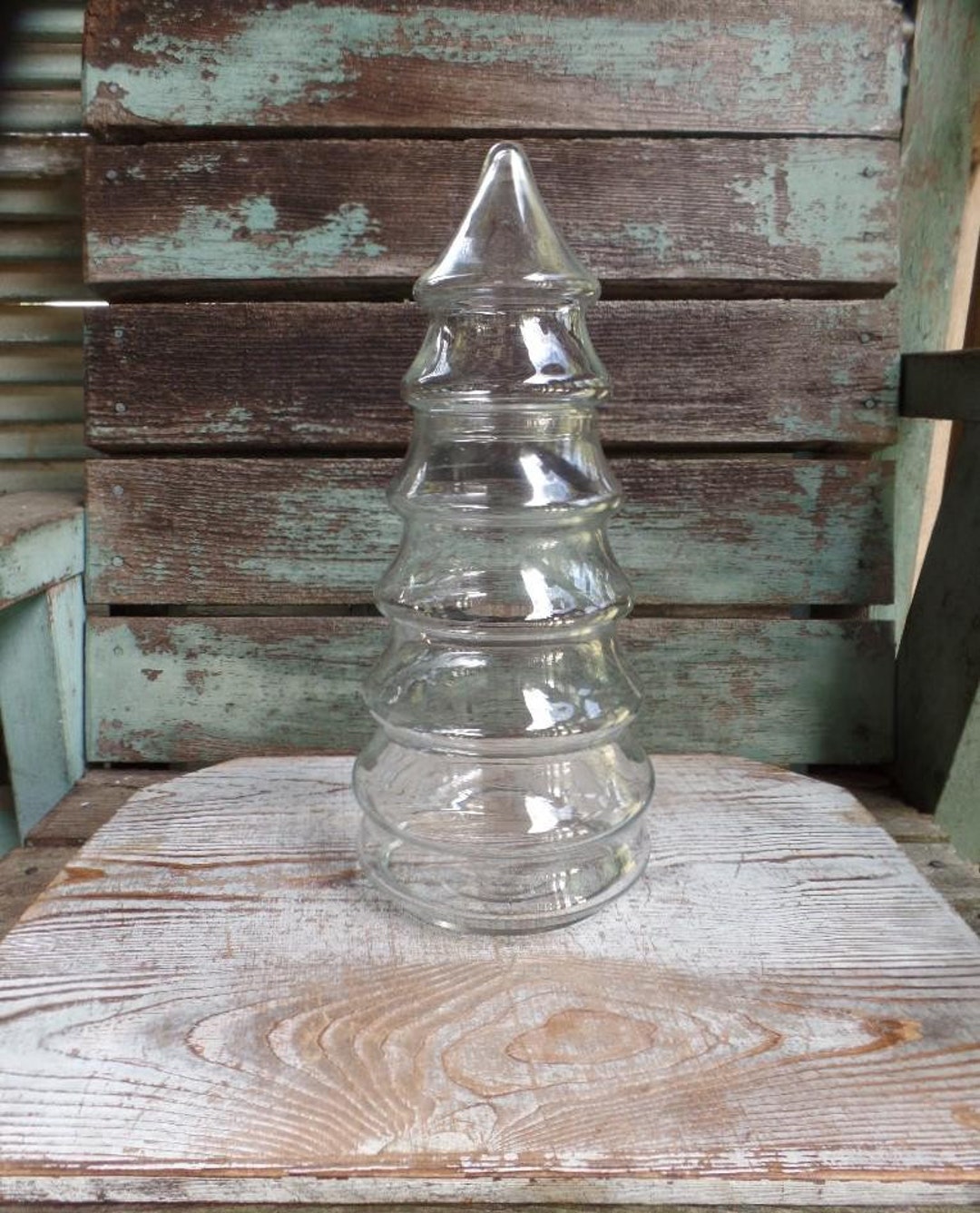 Vintage Clear Glass Christmas Tree Jar Apothecary Storage Container 12 ...