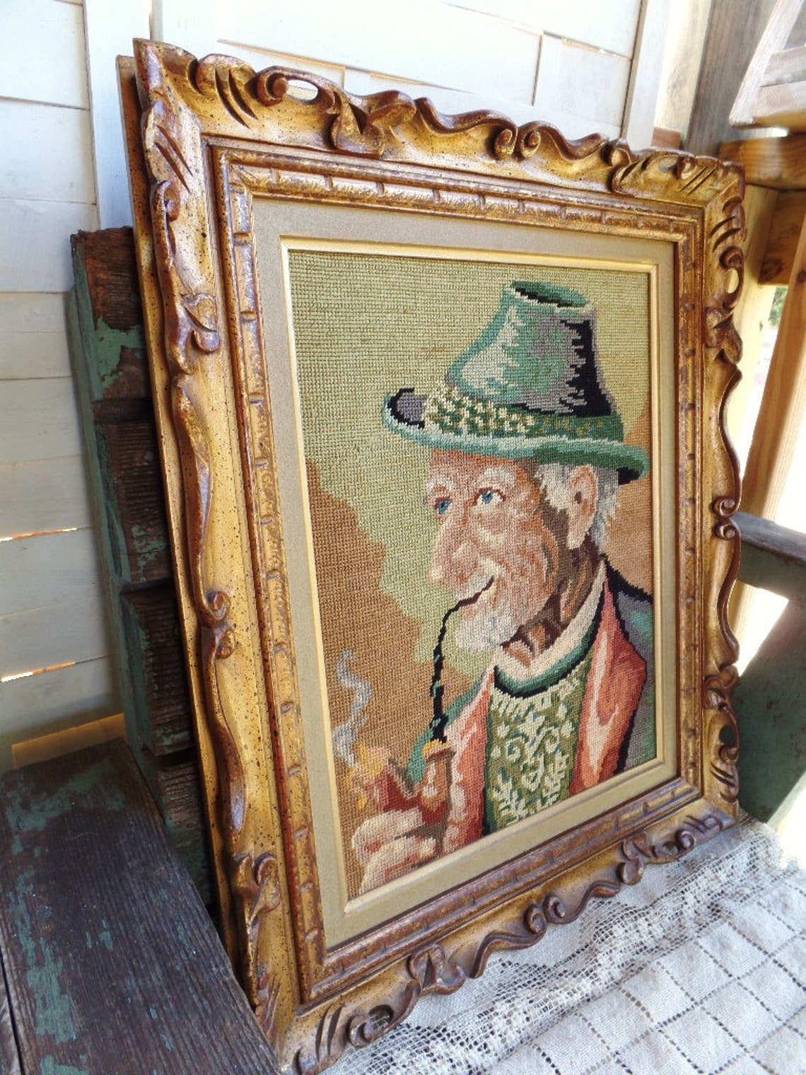 Vintage Large Needlepoint Picture French Countryman With Pipe - Etsy