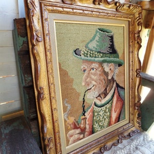 Vintage Large Needlepoint Picture French Countryman With Pipe Ornate ...
