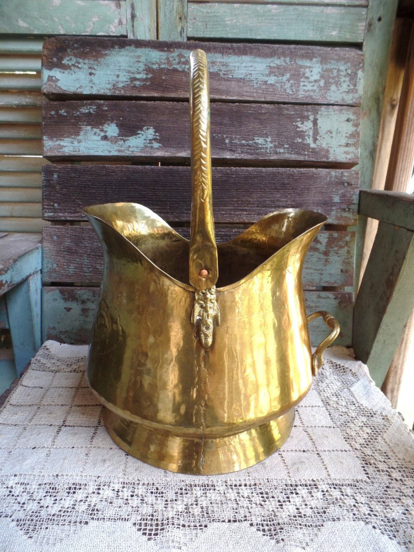 Vintage Hammered Brass Scuttle Bucket With Floral Design Made - Etsy