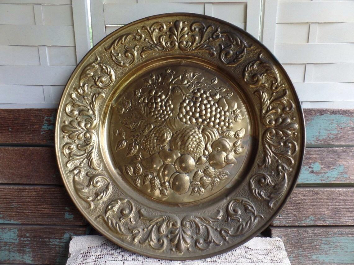 Vintage Large Brass Wall Plaque Plate Mid Century Embossed - Etsy