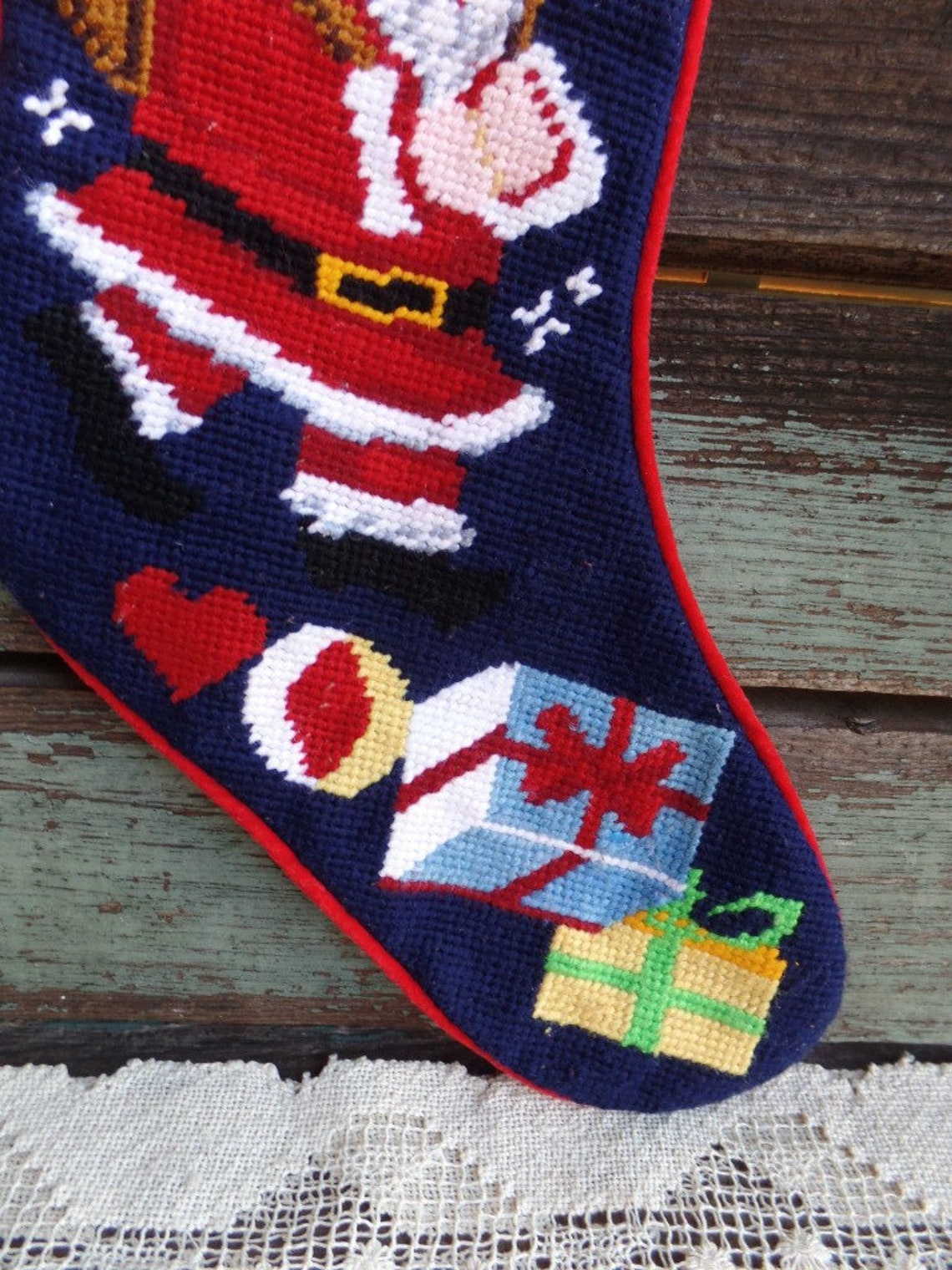 Vintage Needlepoint Christmas Stocking Santa Claus with Toy | Etsy