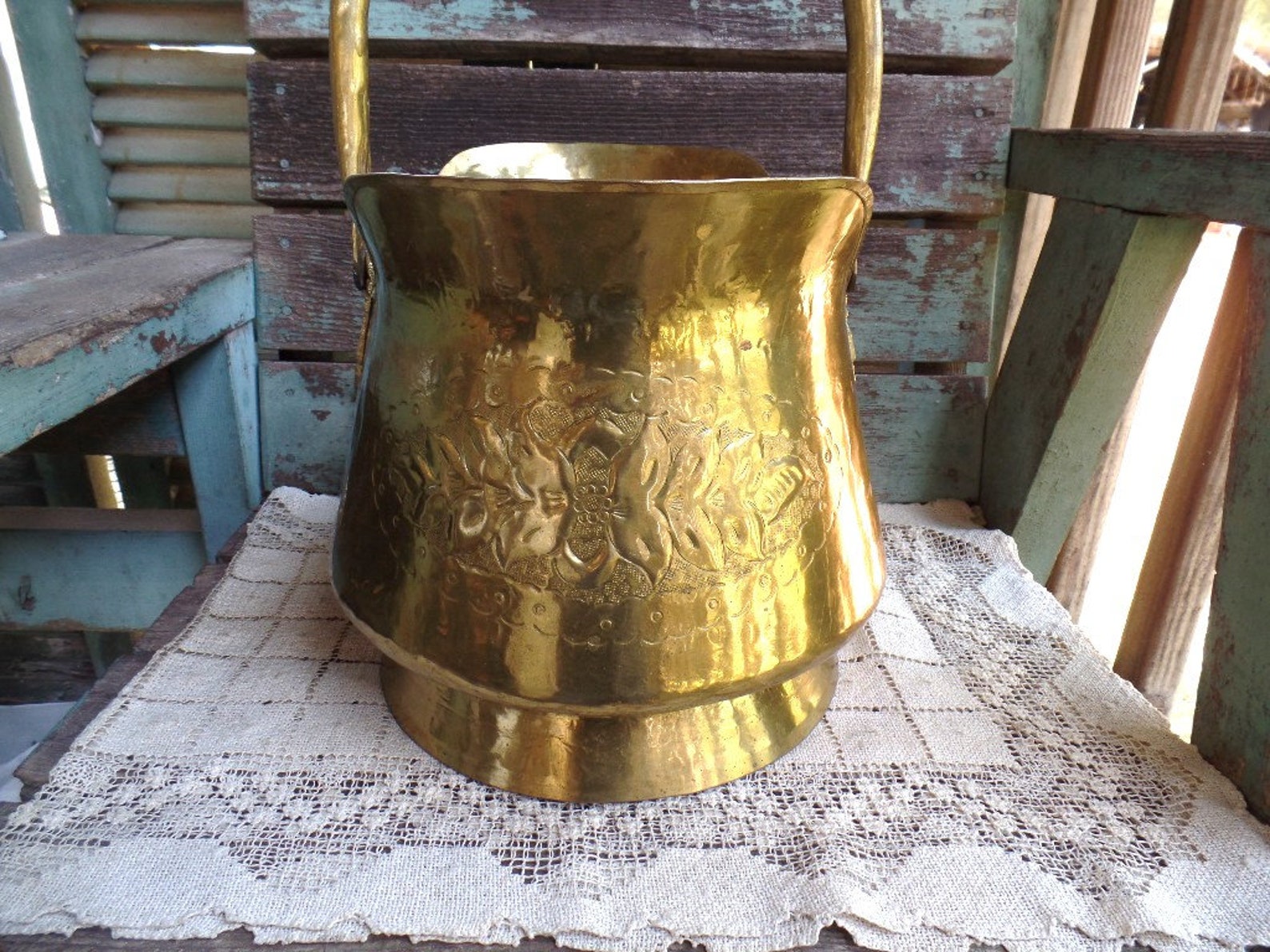 Vintage Hammered Brass Scuttle Bucket With Floral Design Made - Etsy
