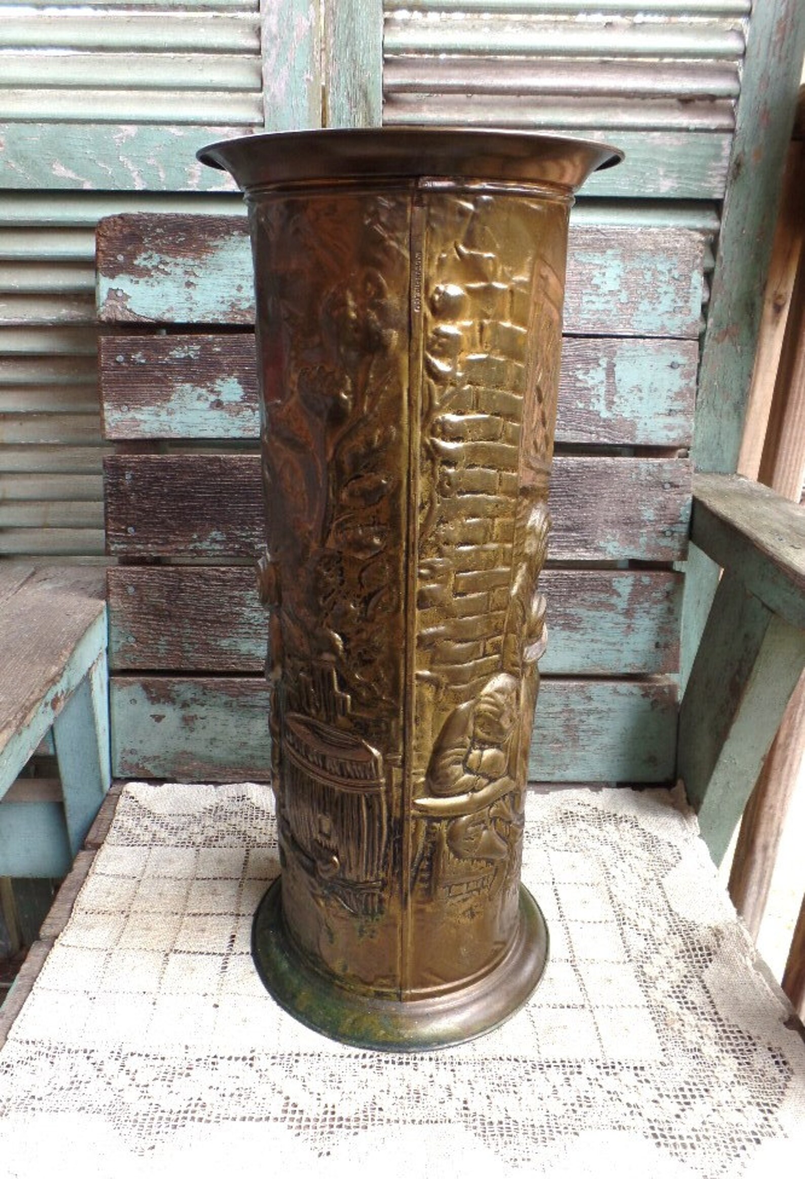 Vintage Embossed Brass Umbrella Stand, Mid Century, Hollywood Regency ...