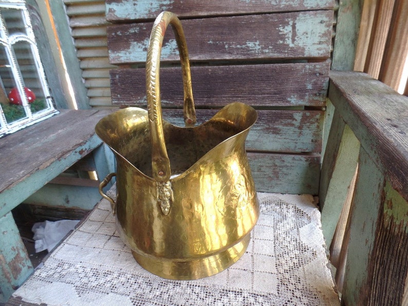 Vintage Hammered Brass Scuttle Bucket With Floral Design Made - Etsy