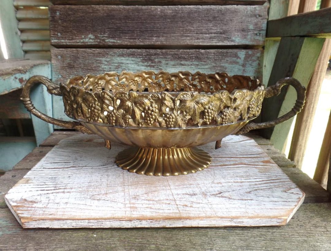 Vintage Large Solid Brass Compote Pedestal Bowl Double Handled Oval ...