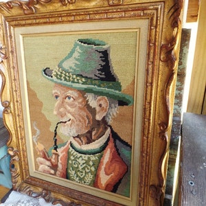 Vintage Large Needlepoint Picture French Countryman With Pipe Ornate ...