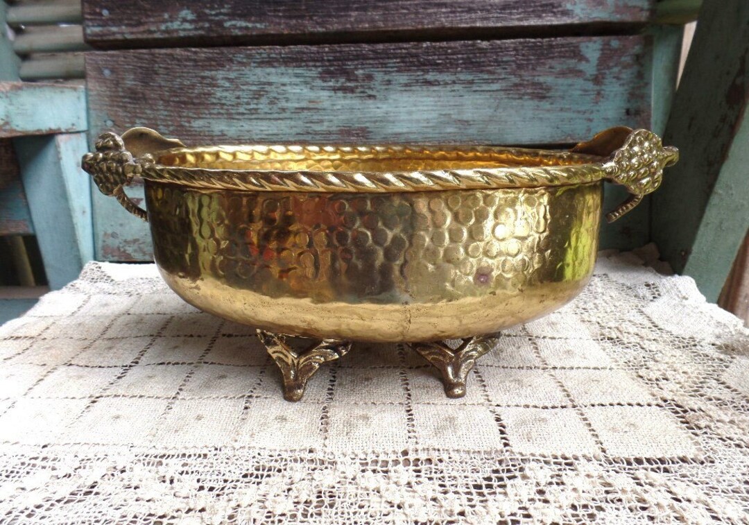 Vintage Footed Hammered Brass Double Handled Pot, Brass Planter, Brass ...