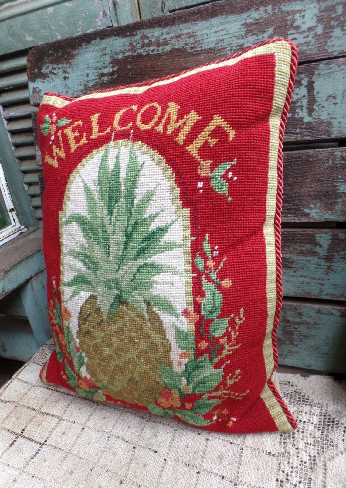 Vintage Needlepoint Pillow Pineapple Welcome Floral Design - Etsy