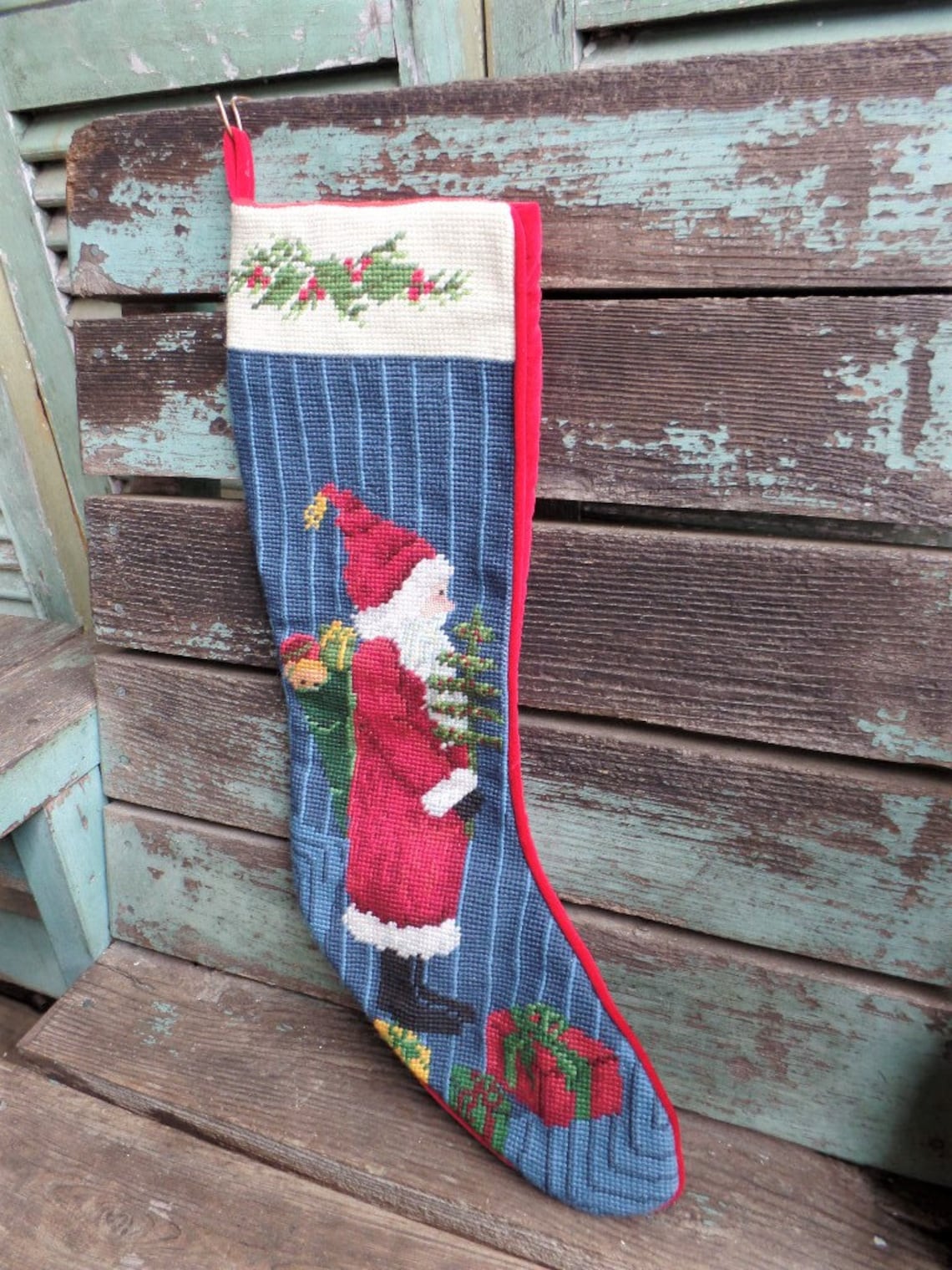 Vintage Needlepoint Christmas Stocking Santa Claus Christmas - Etsy