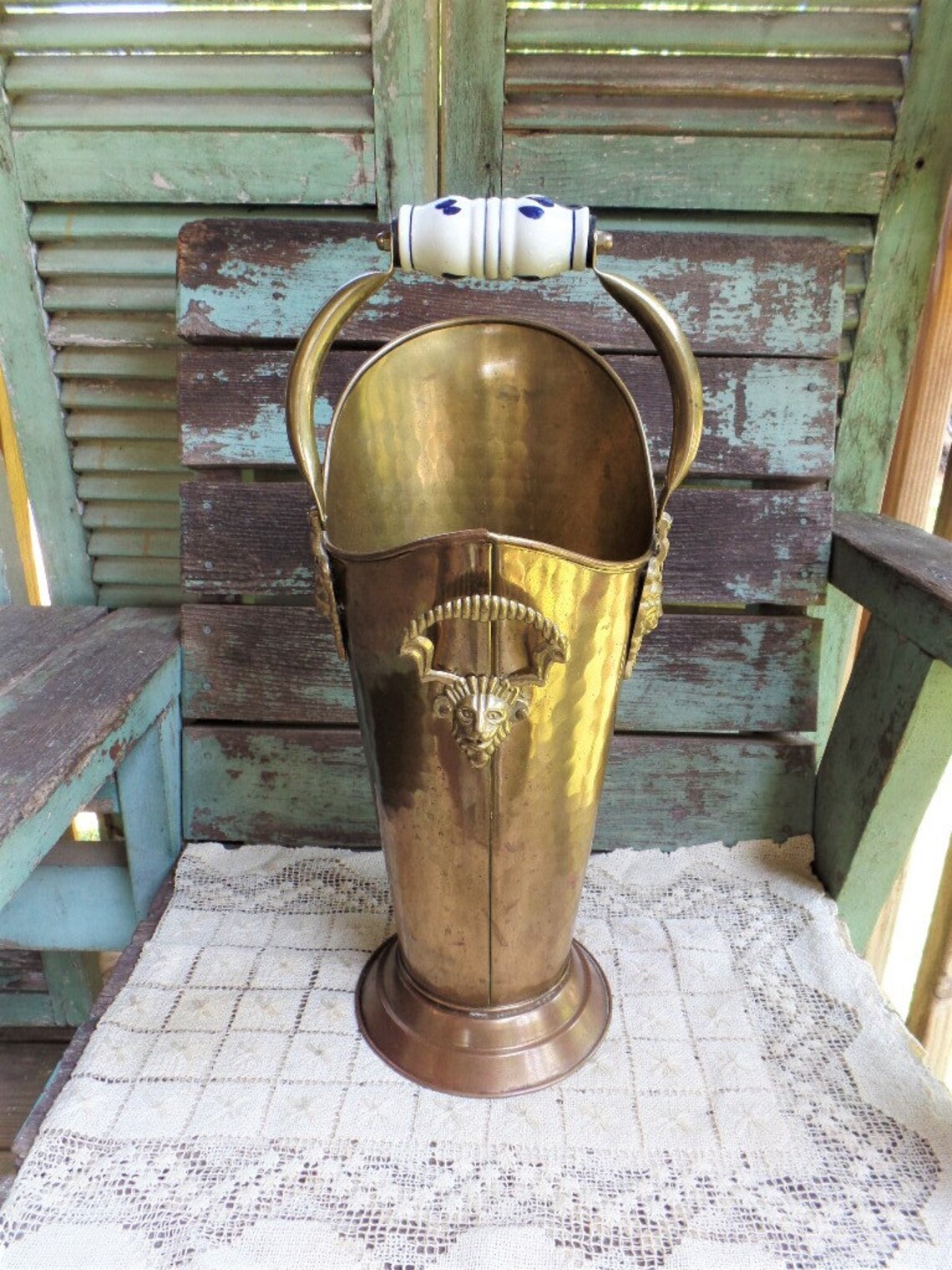 Vintage Hammered Brass Bucket With Porcelain Handle Brass Etsy