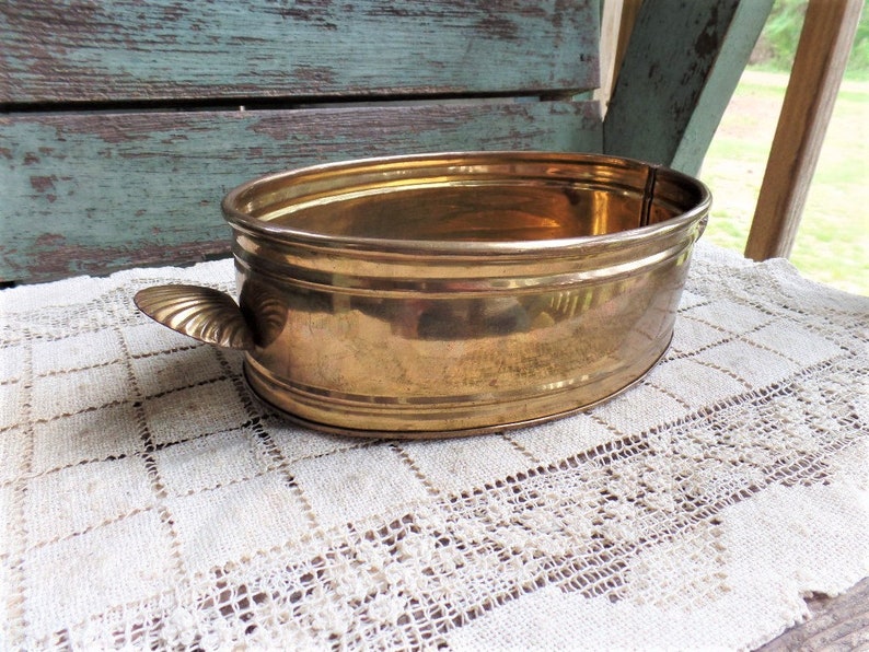 Vintage Oval Brass Double Shell Handle Pot | Etsy