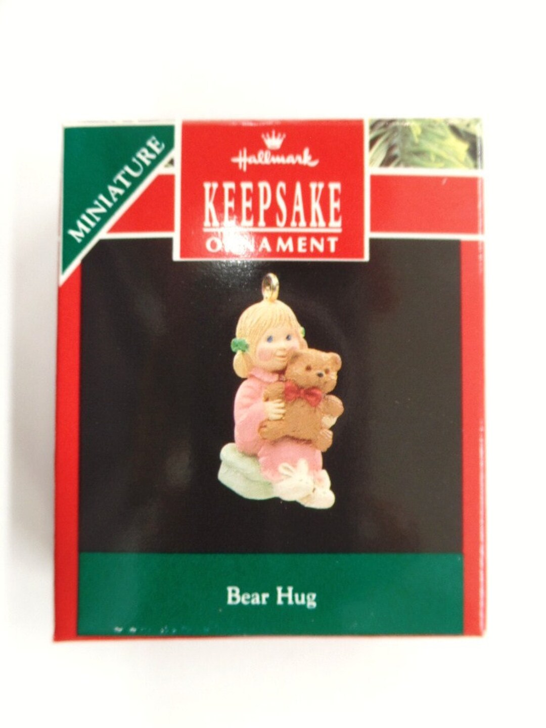 Hallmark Bear Hug Miniature Christmas Ornament 1990 Feather Tree Girl ...