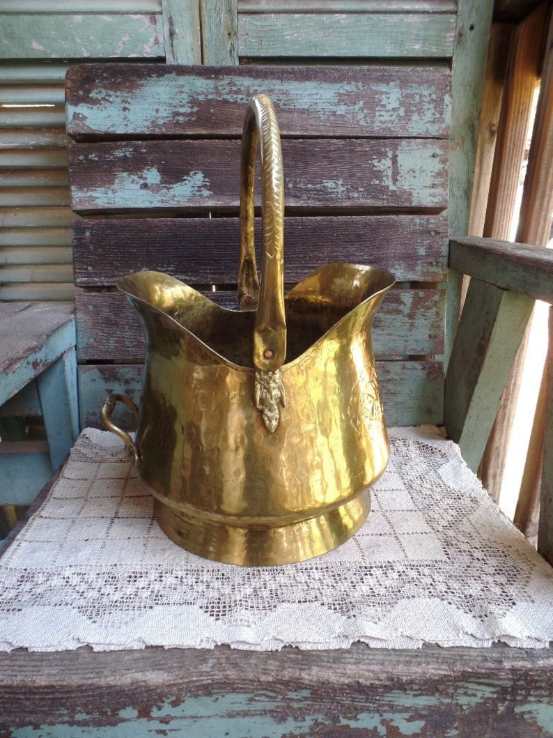 Vintage Hammered Brass Scuttle Bucket With Floral Design Made - Etsy