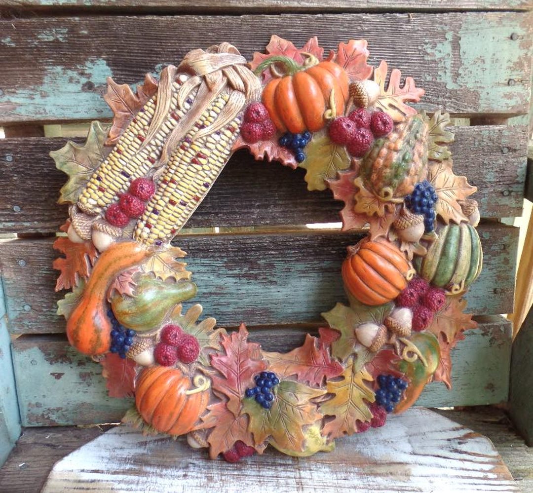 Vintage Ceramic Wreath Fall Decoration Autumn Colors Leaves Pumpkins ...