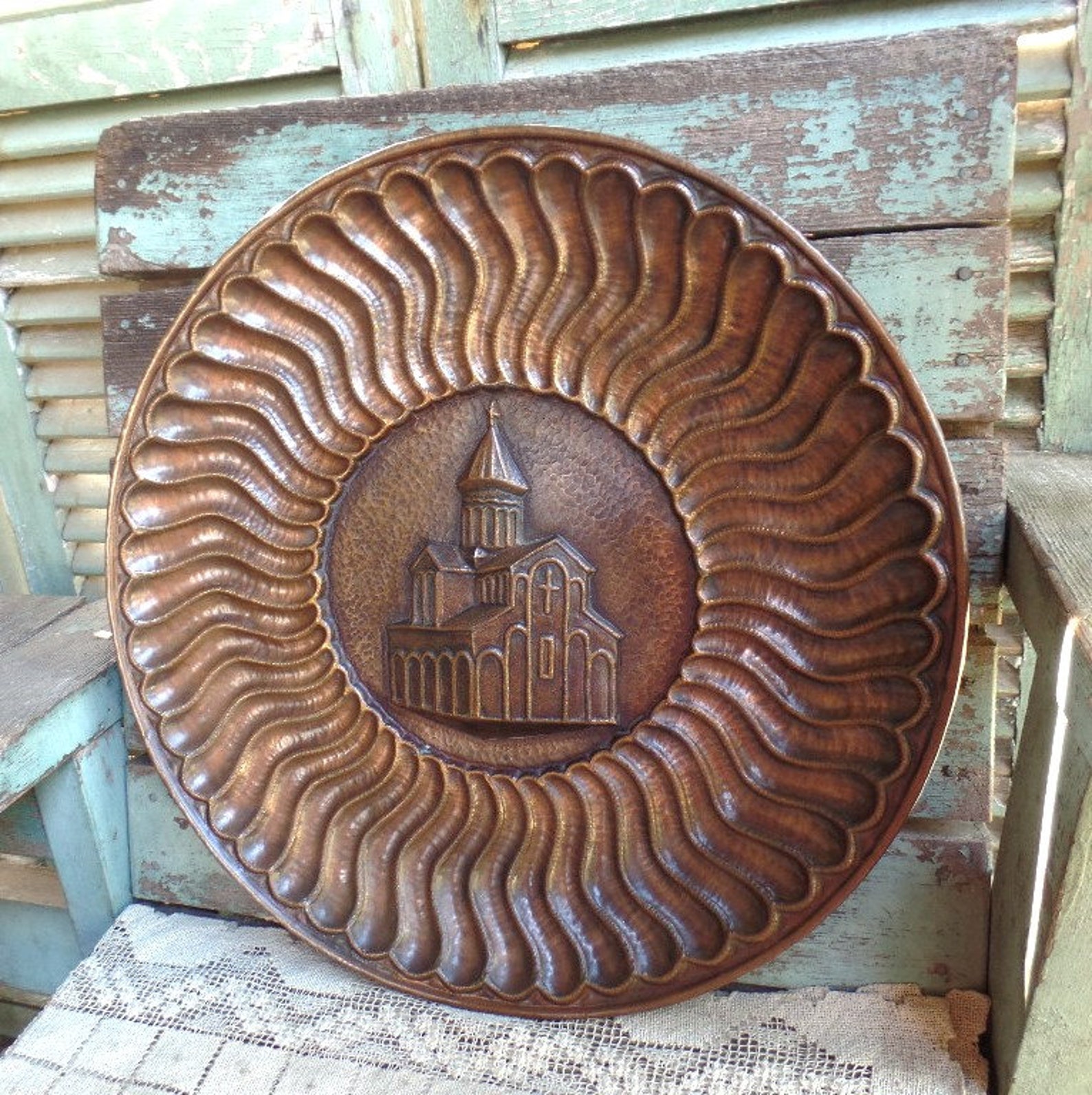 Vintage Large Copper Wall Plaque Church Scene Religious Art Copper Tray ...