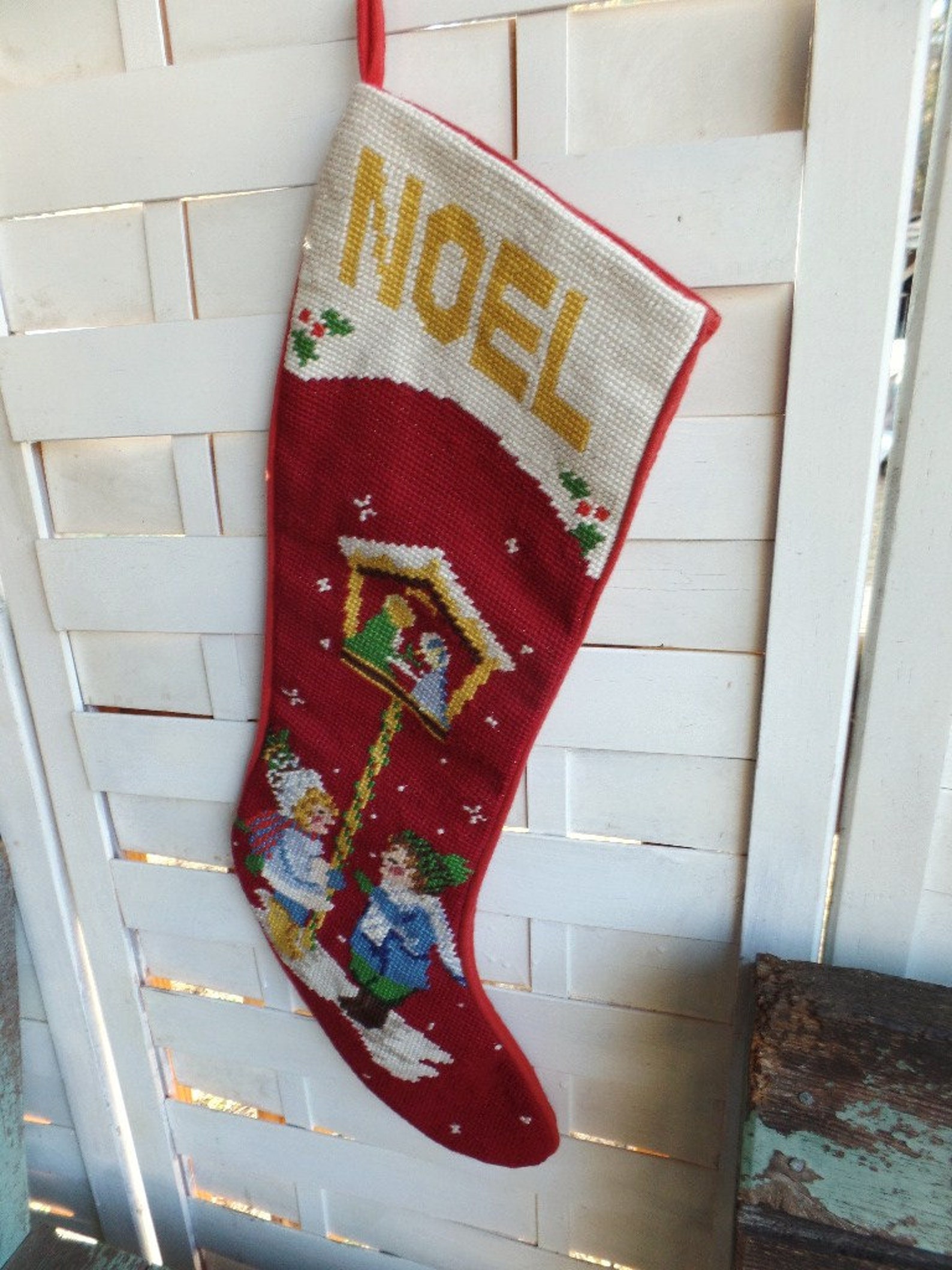 Vintage Needlepoint Christmas Stocking Kids Playing Snow Noel - Etsy