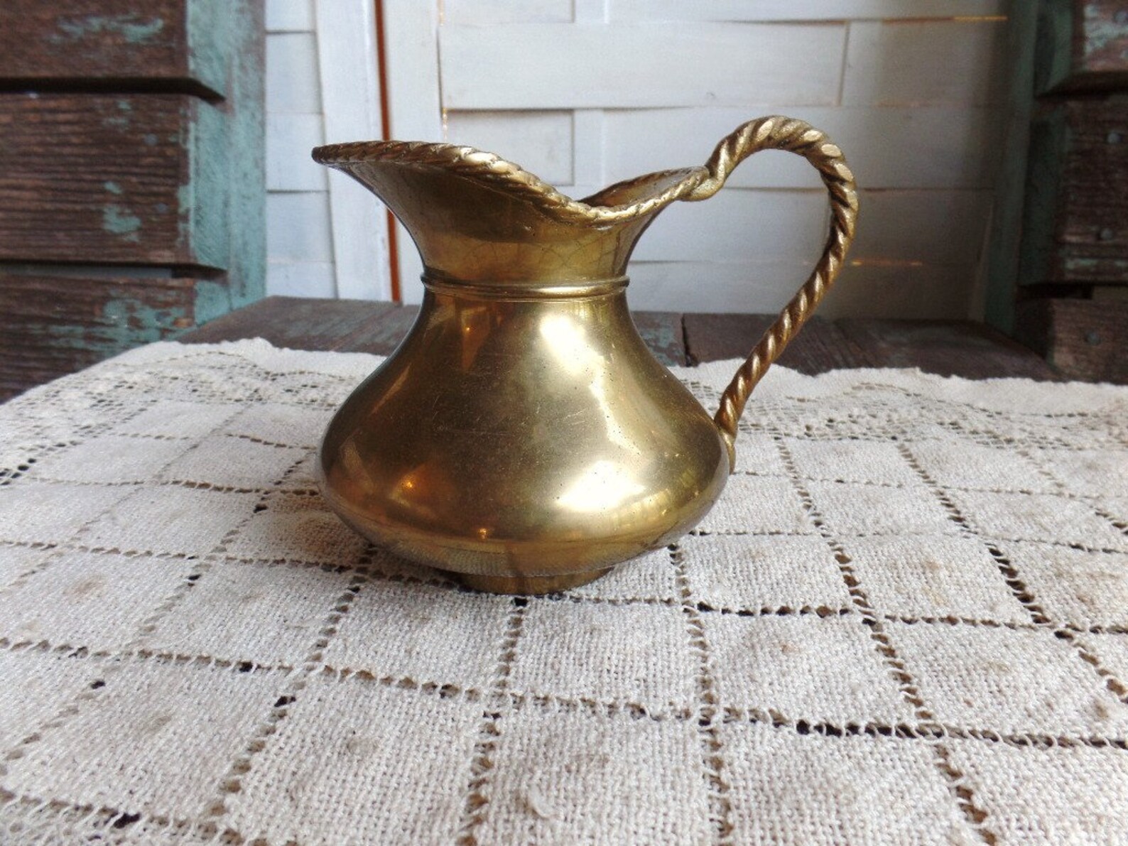 Vintage Small Brass Pitcher Braided Handle | Etsy