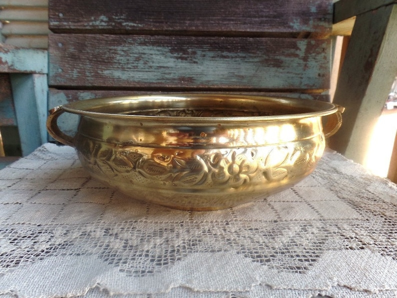 Vintage Brass Double Handled Pot With Floral Design Brass - Etsy