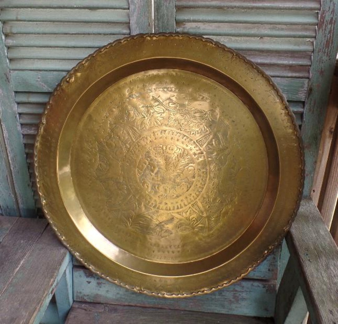 Large Vintage Solid Brass Tray Etched Deer Birds Tiger Floral Designs ...