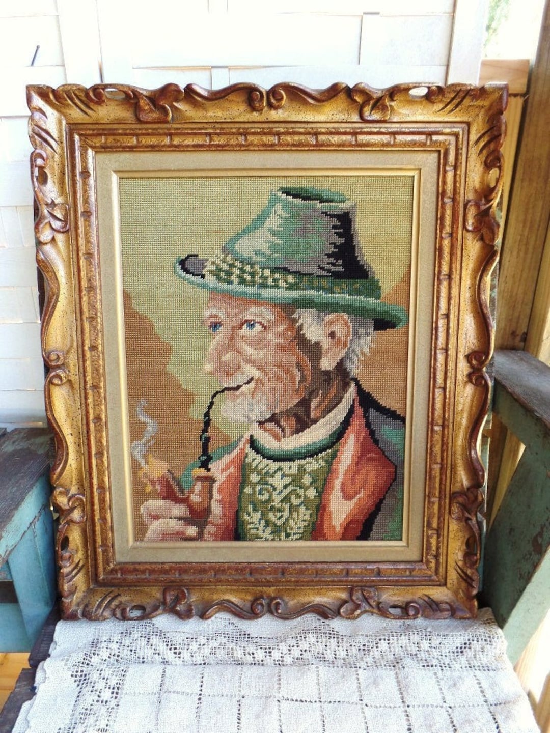 Vintage Large Needlepoint Picture French Countryman With Pipe Ornate ...