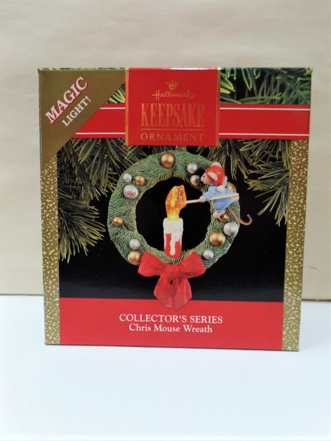 Hallmark Chris Mouse Wreath Lighted Christmas Ornament 1990 Mouse on ...
