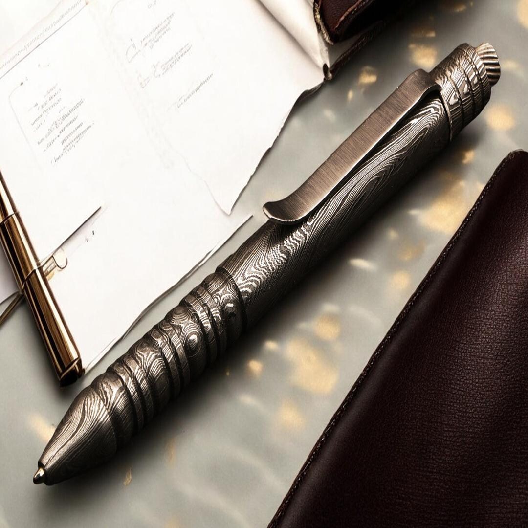Hand Forged Damascus Steel Ballpoint Pen: Twisted Pattern, Screw Button ...