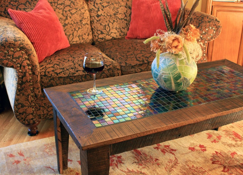 Large Coffee Table W/ Iridescent Glass Tile Inlay. Mosaic | Etsy