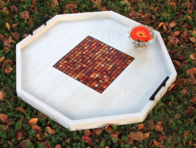 Octagon Ottoman Tray. Round Serving Tray. Octagonal Red Mosaic Serving ...