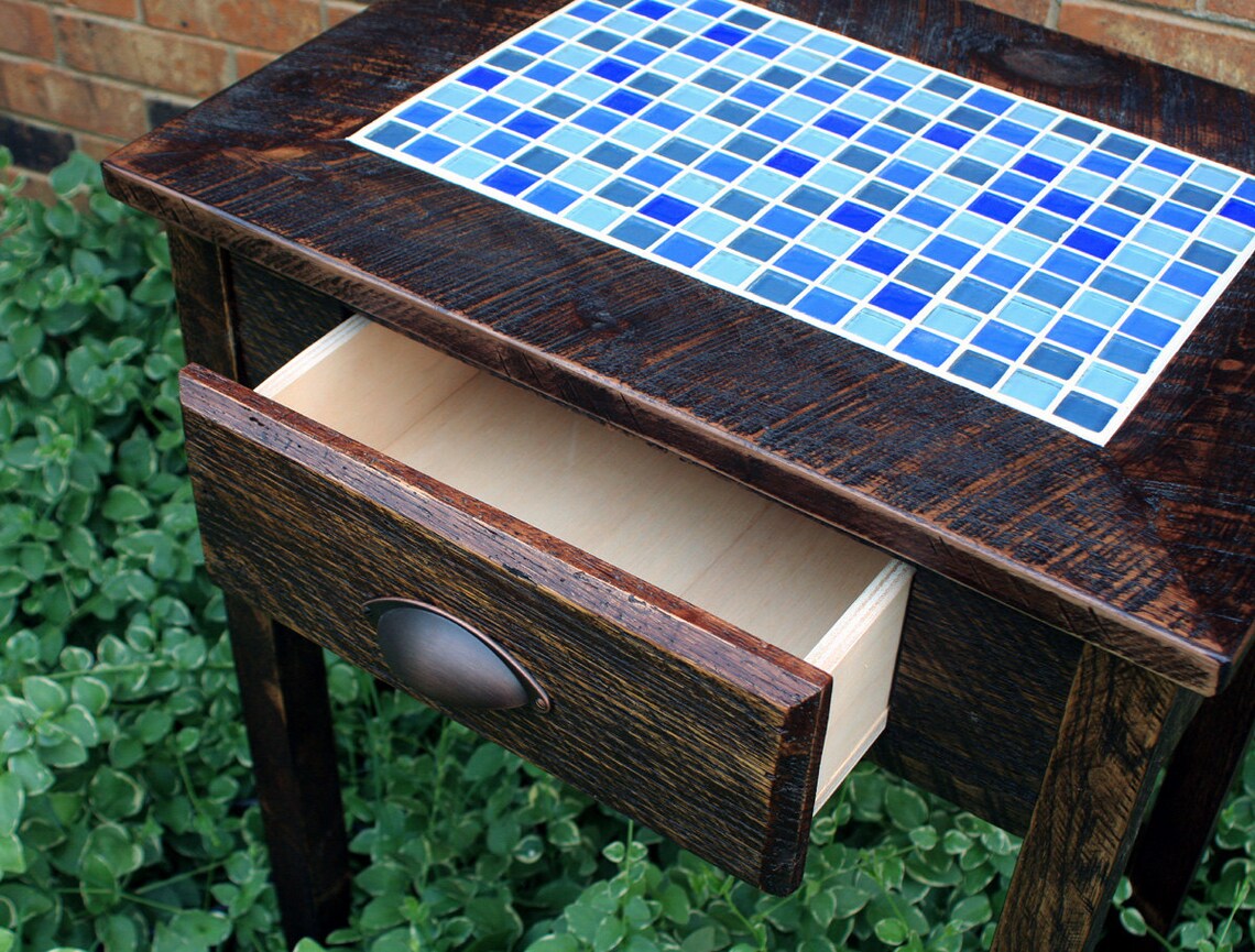 Tall Entryway Table. Tall Hallway Table. Blue Tile Table. Small Sofa ...