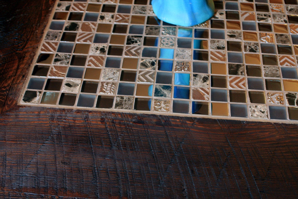 Square Coffee Table, Glass / Stone Tile Mosaic, Reclaimed Wood, Rustic ...