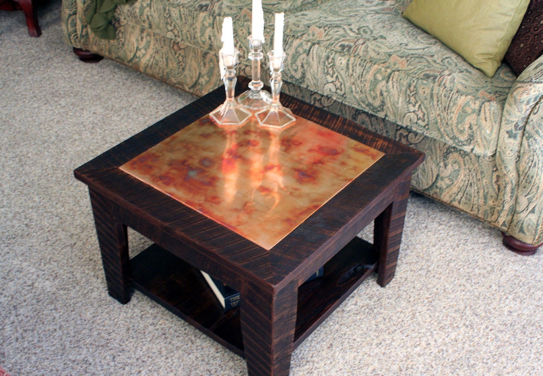 Small Copper Coffee Table W/ Shelf. Flame Painted Copper Top Table ...