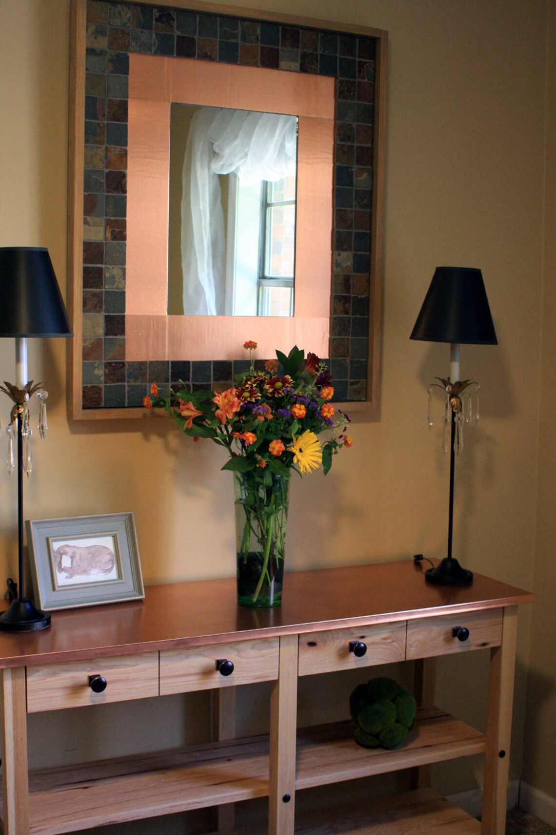 Large Console Table. Copper Console Table. Copper Top Table. Wood ...