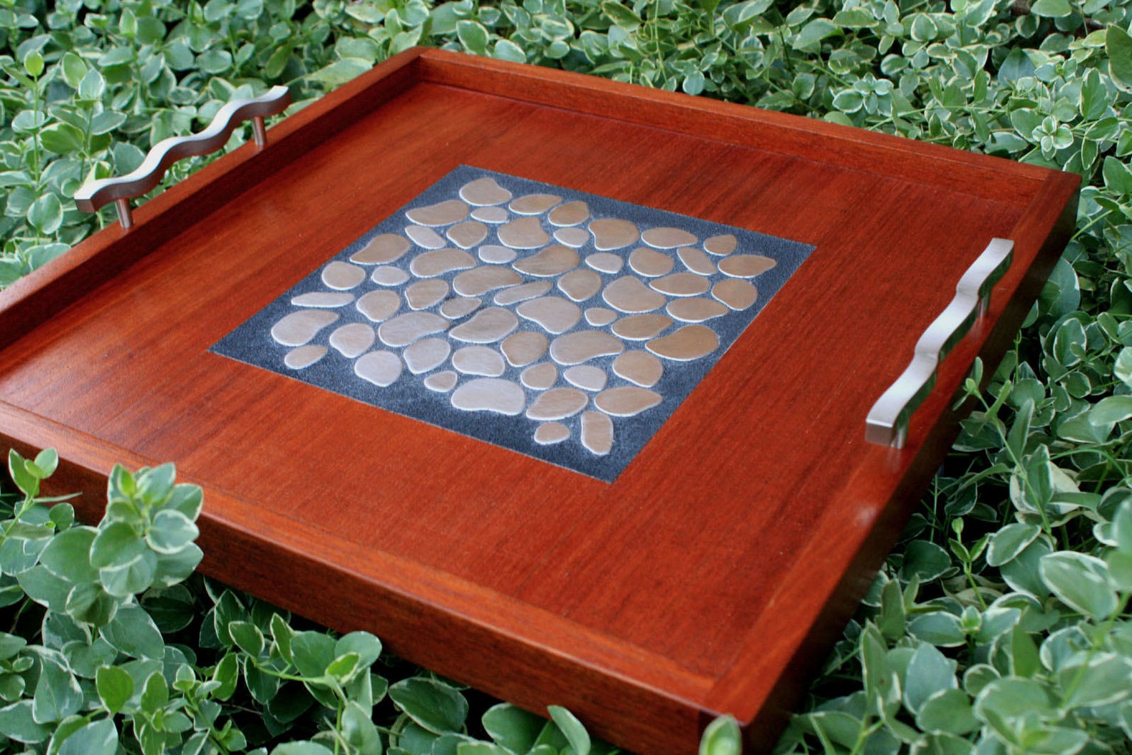 Modern Ottoman Tray. Stainless Mosaic Centerpiece. Red Mahogany Serving ...