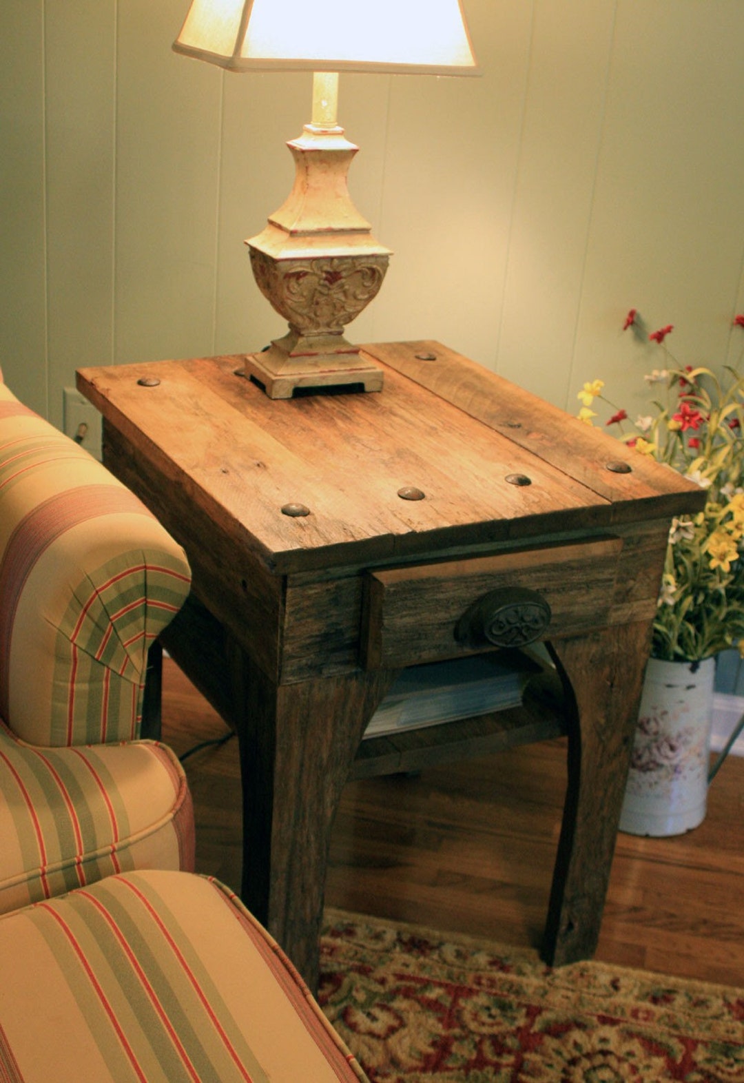 Rustic Bedside Table. Bedside Table W/ Drawer W/ Shelf. Wooden End ...
