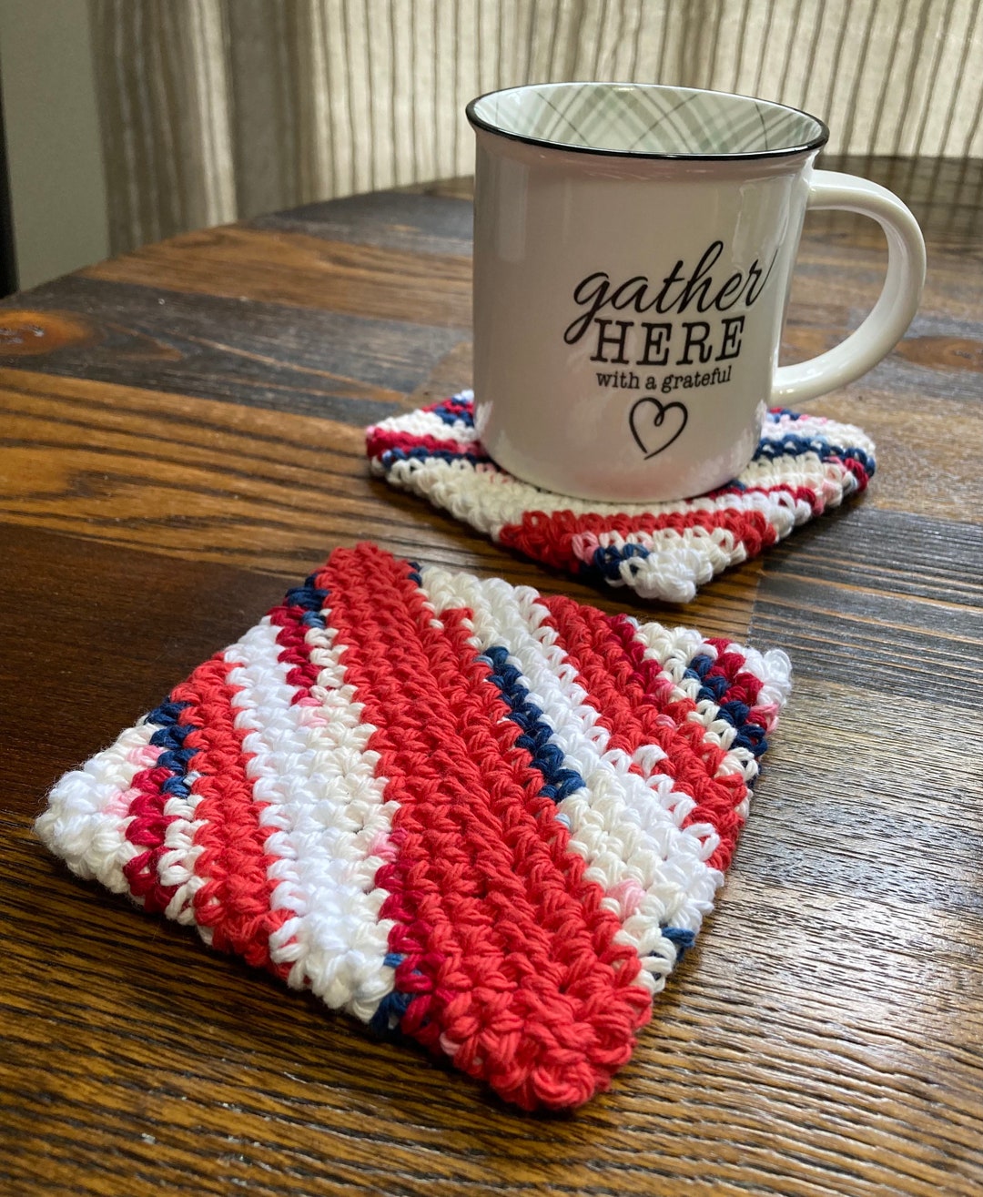 Set of 2 Patriotic Red White Blue 4.5 Inch Coasters Handmade Crocheted ...