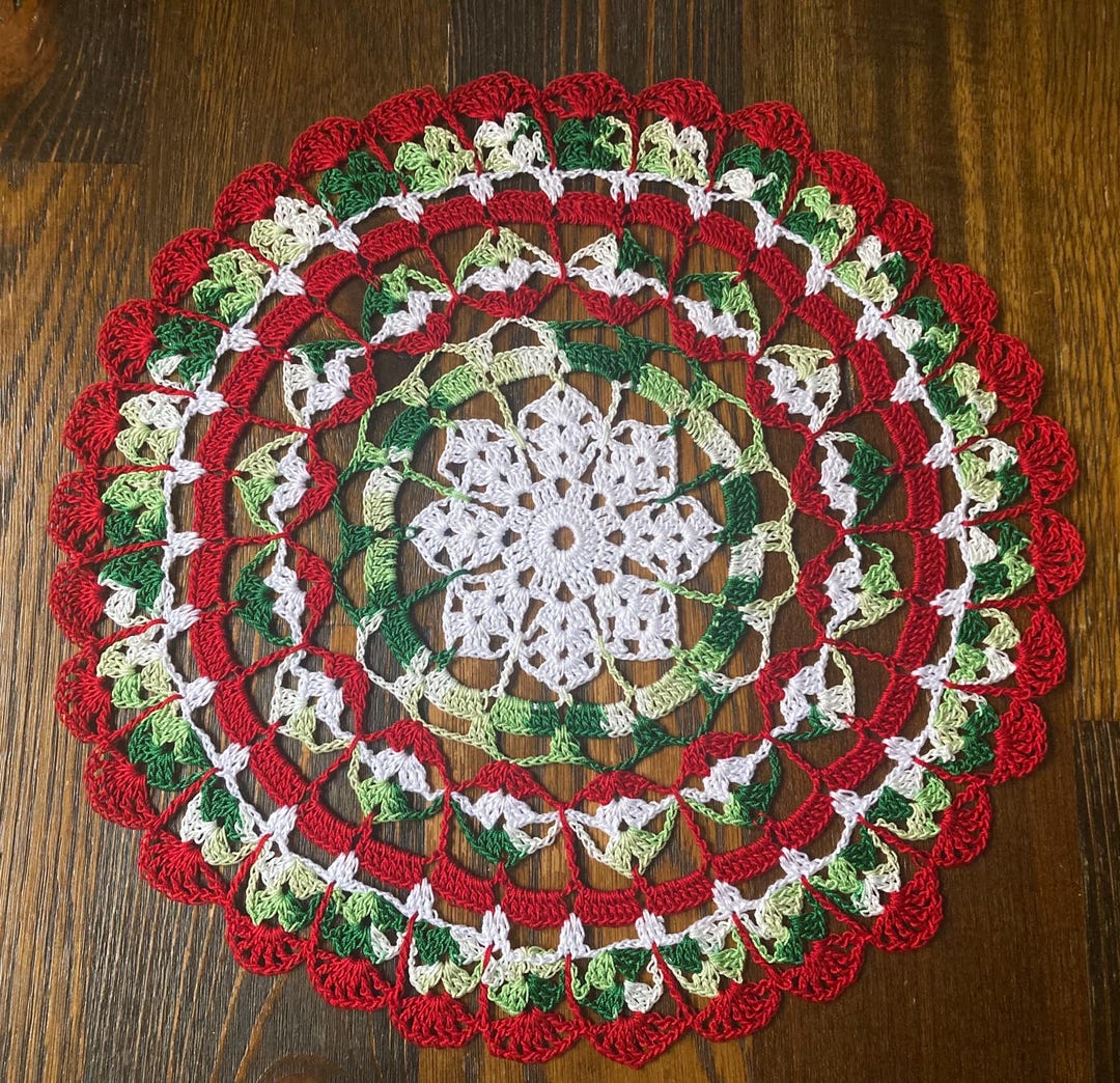 12” Tri Color Christmas Themed Doily Hand Crocheted Home Decor Lacy ...