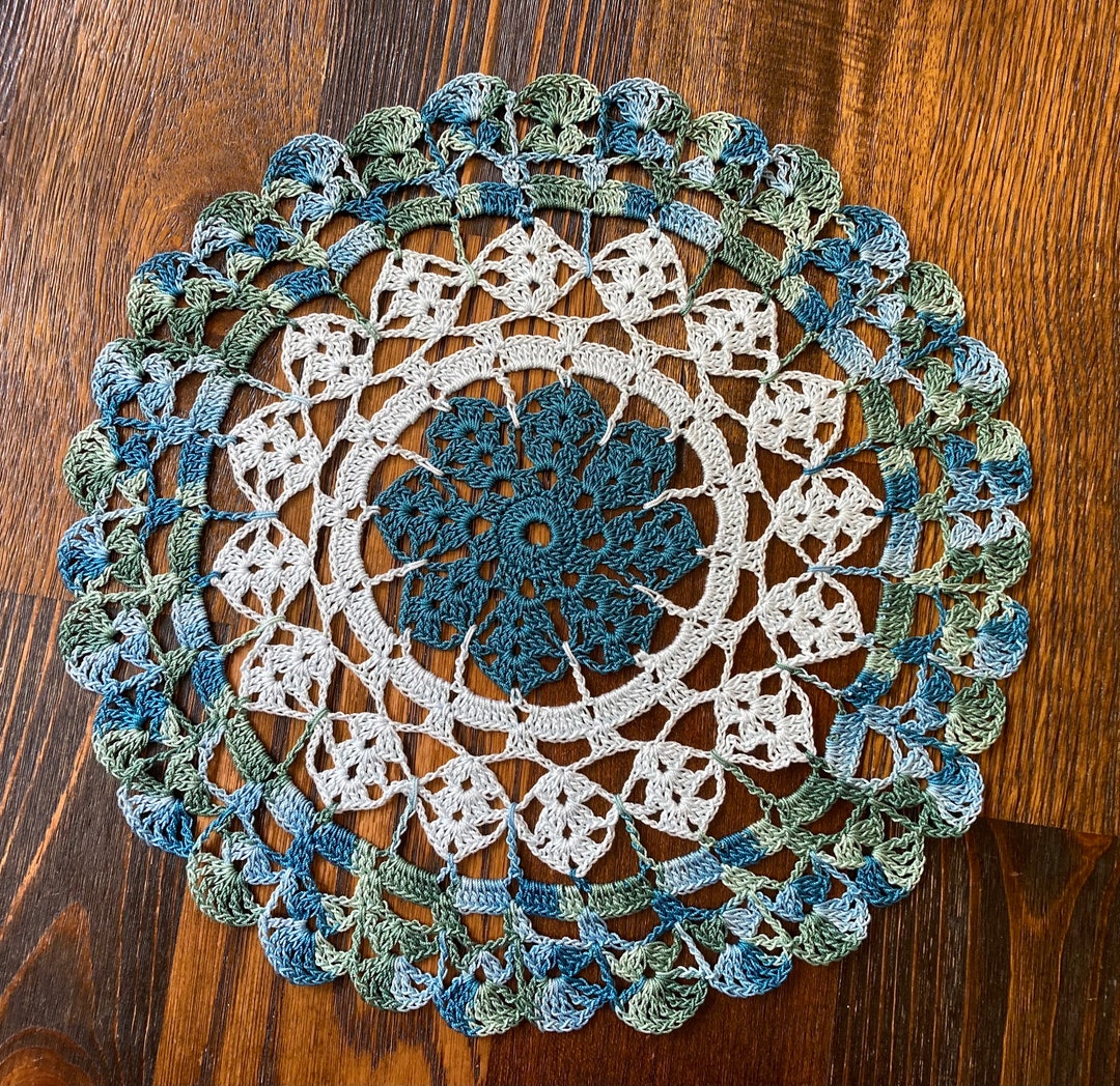 11” Tri Color Shades of Blue & Green Doily Hand Crocheted Home Decor ...