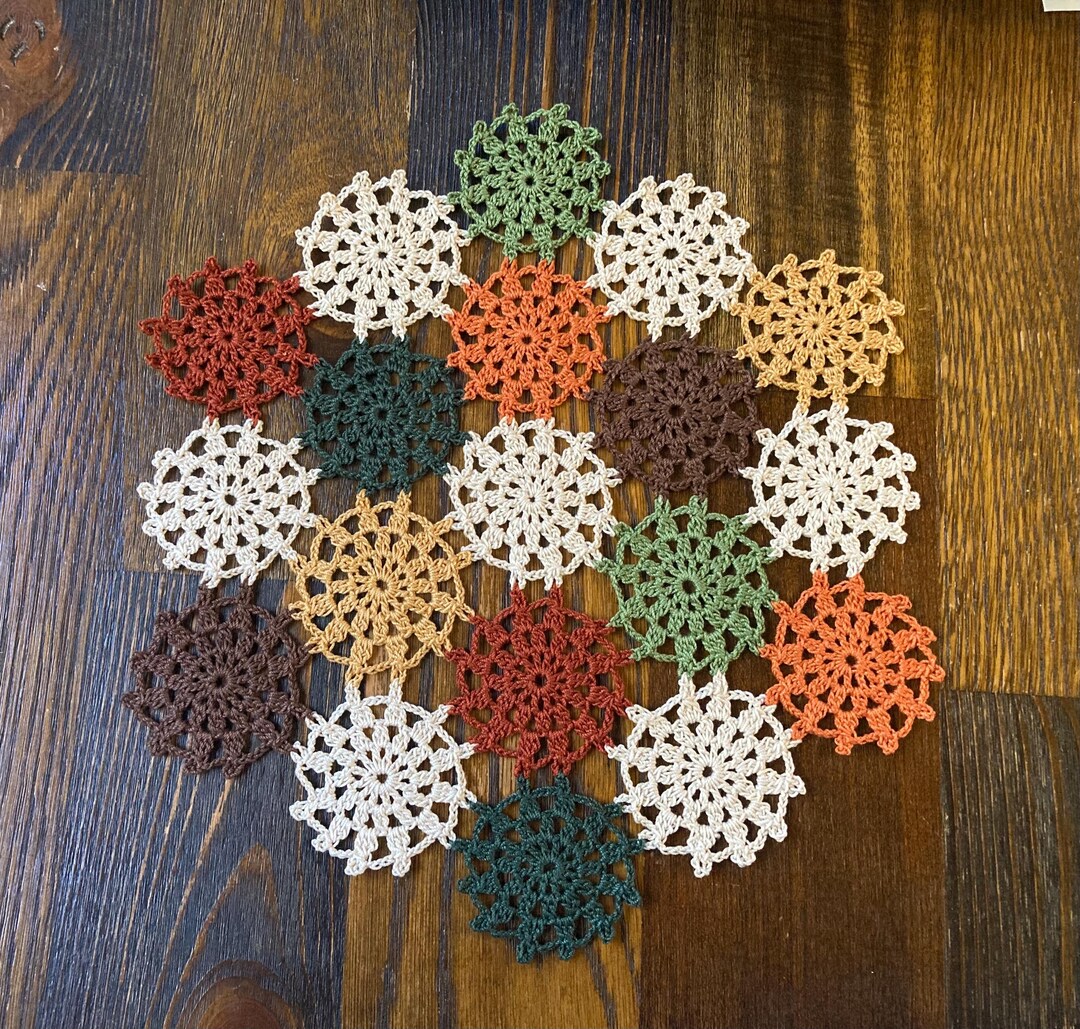 Fall Leaves Theme Medallion Pieced Hand Crocheted Doily 11.5 Inches ...