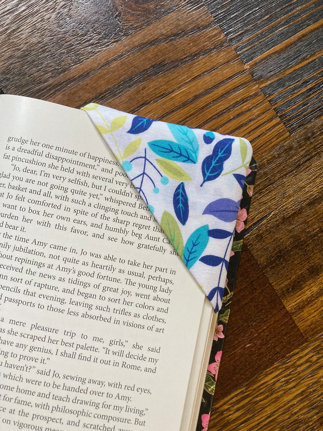 Hand Sewn Book Corner Bookmark White Floral Leaf Aqua Navy Print 3.5 ...