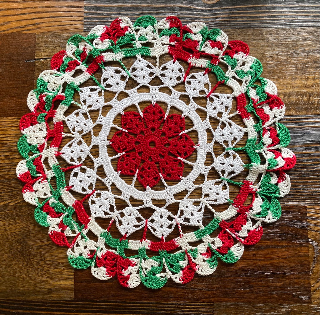 11 Tri Color Christmas Themed Doily Hand Crocheted Home Decor Lacy ...