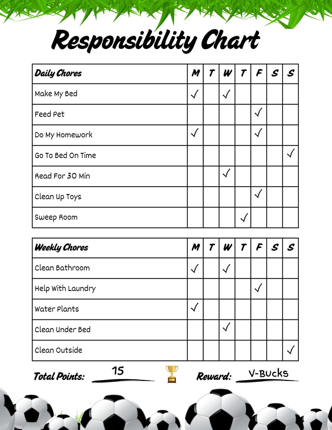 Daily and Weekly Chore Chart With Reward System Soccer Theme for Kids ...
